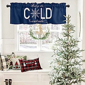 Farmhouse Curtain Valances for Window, Christmas Valance Curtains Rod Pocket Window Kitchen Curtain for Bedroom Living Room Cold Winter Snowflakes Blue Backdrop （54x18inch, 1 Panel）