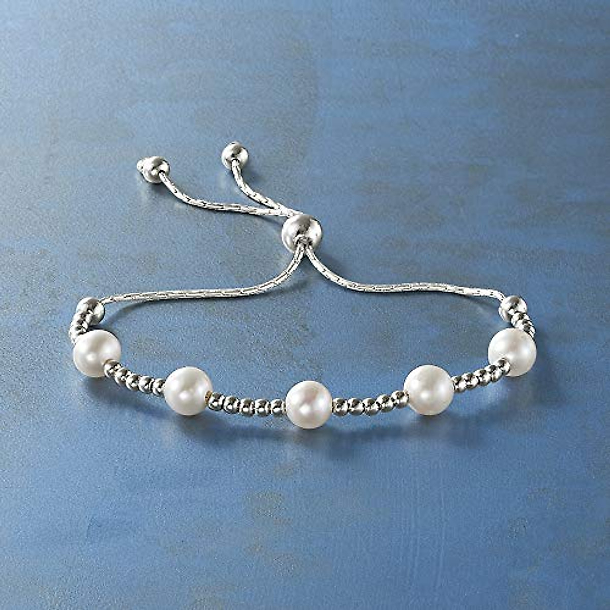 Ross-Simons 7-7.5mm Cultured Pearl and Sterling Silver Bead Station Bolo Bracelet