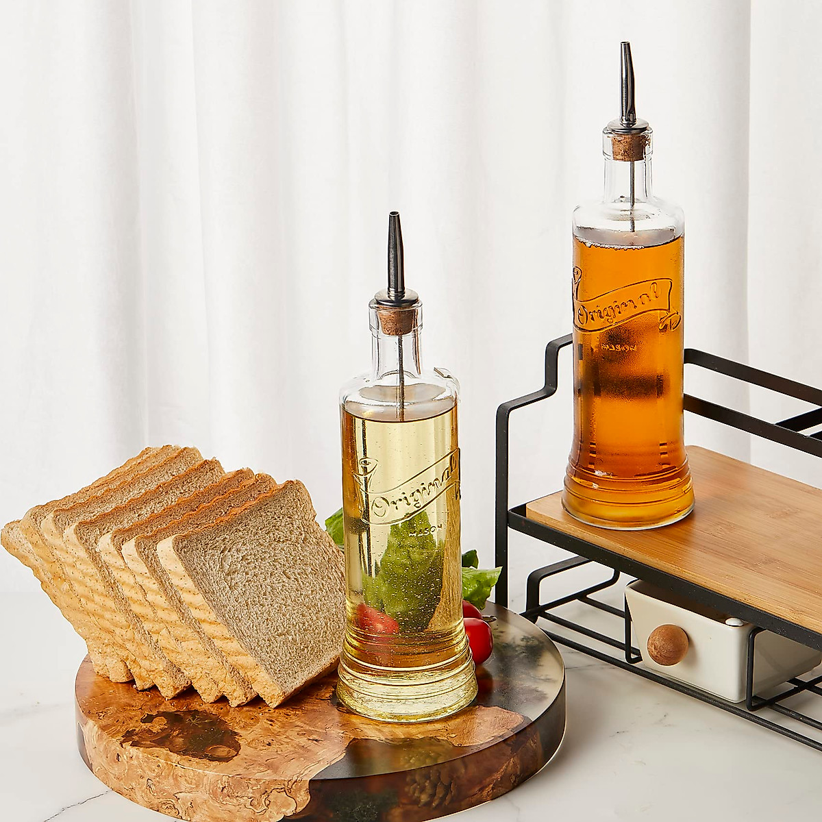 Mason Jar Oil and Vinegar Cruet Bottles - Set of 2-16.9oz - Authentic Original Olive Oil Glass Dispenser Set, Leak Free, Strong Stainless Steel Top with Weighted Pourer & Cork Base, Farmhouse Décor