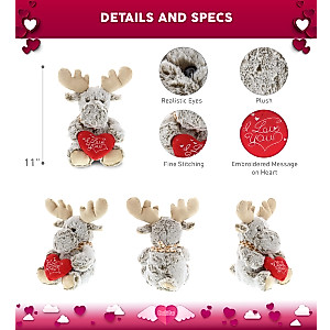 DolliBu I Love You Valentine Plush Sitting Moose - Cute Stuffed Animal with Red Heart and Name Personalization Gift for Valentine's Day, Birthday, Anniversary, Romantic Date - 11 Inches