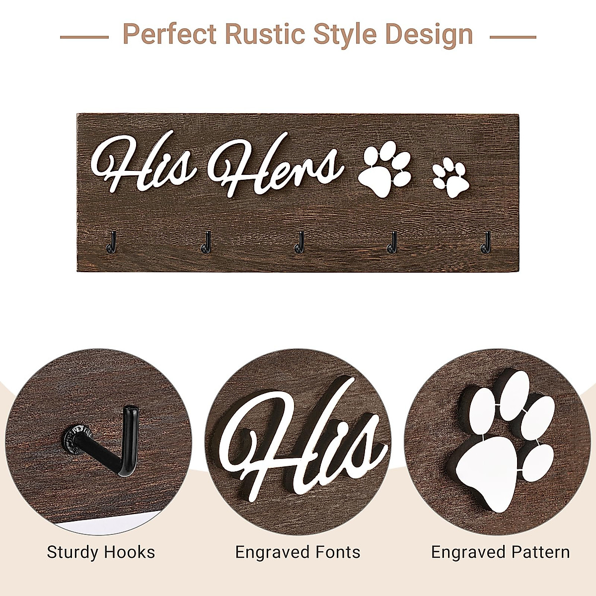 Dahey Dog Leash Holder Key Holder for Wall Decorative Wood Key Hook Hanger with 5 Hooks Farmhouse Key Rack Organizer Display for Entryway Hallway Office Home Decor, 10.2" x 0.5" x 3.7"