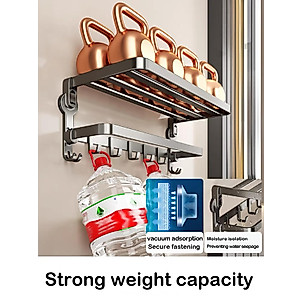 Bathroom Towel Bar 24 in Double Foldable Suction Cup Wall Mounted Towel Bar Organizer with 7 Hooks Bathroom Toilets Verandahs Simple Installation Bathroom Stands No Need to Punch Holes Modern Gray