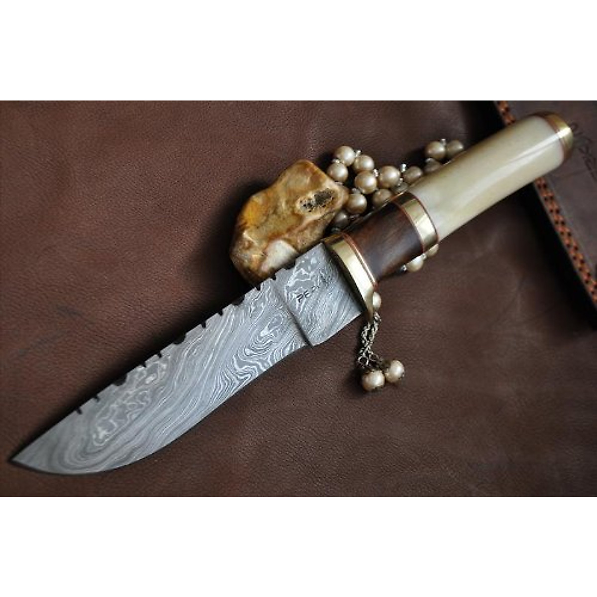 Perkin - Custom Handmade Damascus Hunting Knife - Bone & Burl Wood Handle