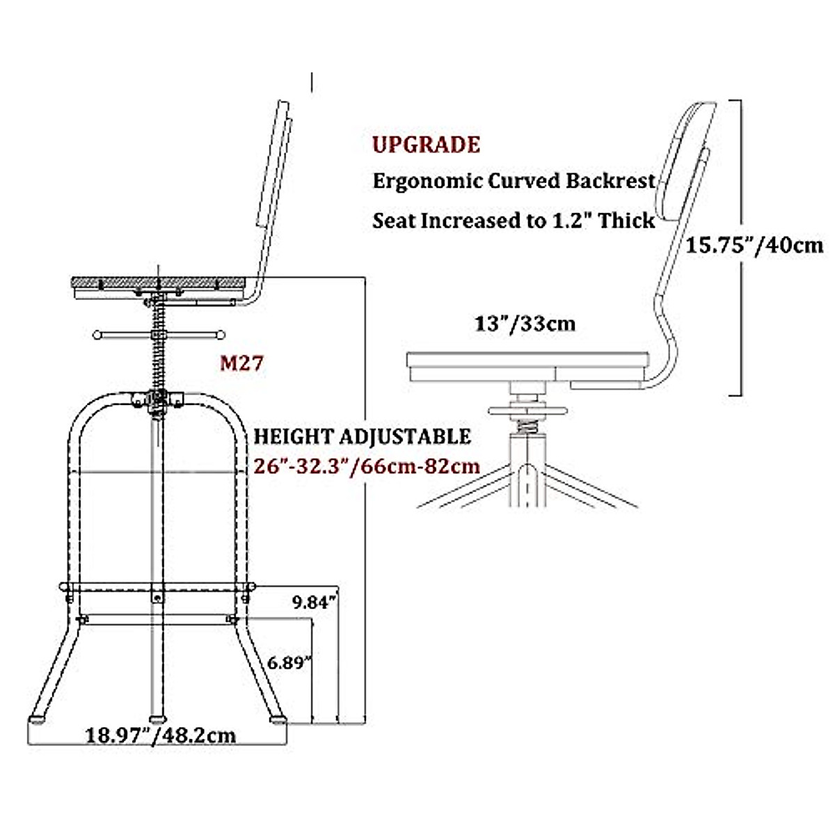 LOKKHAN Industrial Bar Stool-Adjustable Swivel Round Wood Metal Kitchen Stool-26-32.3 Inch Rustic Farmhouse-Counter Height Extra Tall Bar Height Stool,Arc-Shaped Backrest,Welded,Set of 2