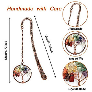 BENOSPACE 2 Pcs Tree of Life Bookmark Metal Religious Bronze Star Sun Moon Bookmarks Vintage 7 Chakra Crystals Healing Stone Beaded Charm Pendant for Women Student Teacher Graduation Christmas Gift