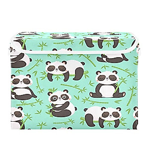 Kigai Panda and Bamboo Storage Basket with Lid,Collapsible Storage Box Fabric Storage Bin for Closet,Office,Bedroom,Nursery