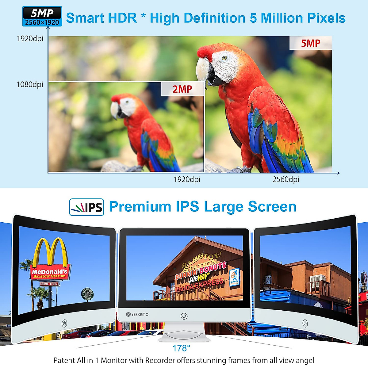 YESKAMO 5MP PoE Security Camera System, 4pcs Wired Outdoor Cameras with 12'' IPS Monitor, 8CH NVR with 2TB HDD for 24-7 Recording, Floodlight 2 Way Audio Spotlight, AI Human Detection