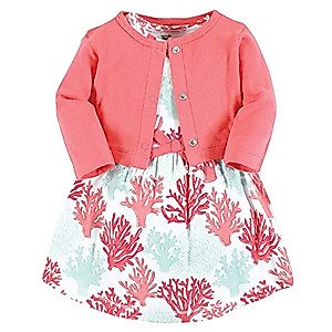 Touched by Nature Baby Girls' Organic Cotton Dress and Cardigan, Coral Reef, 9-12 Months