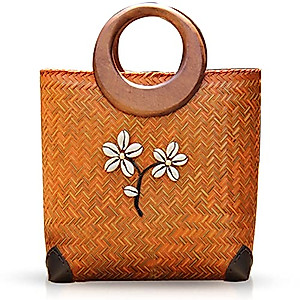QTKJ Straw Bag for Women, Summer Beach Handmade Rattan Tote Bag, Round Wooden Handle, Boho Retro Straw Woven Handbag, Large Beach Vacation Bag (Yellow)