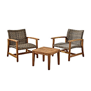GDFStudioOutdoor 3 Piece Wood and Wicker Club Chairs and Side Table Set, Gray