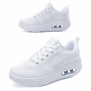 RUIDENG Rocker Bottom Shoes for Women Comfy | White Platform Sneakers Everyday Wear | 2 Inch Thick Sole with Air Cushion Size 6.5