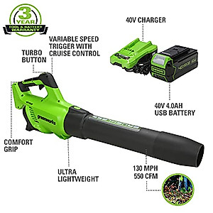 GreenWorks 40V (550 CFM / 130 MPH) Brushless Axial Leaf Blower 4Ah USB Battery and Charger with Gutter Cleaning Kit