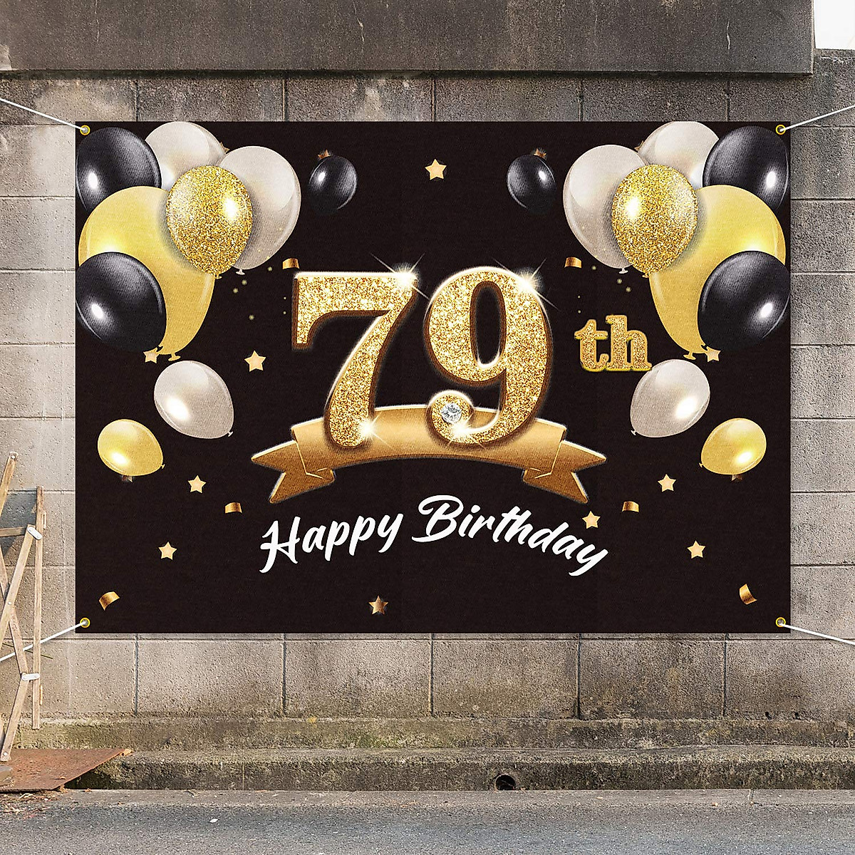 PAKBOOM Happy 79th Birthday Banner Backdrop - 79 Birthday Party Decorations Supplies for Men - Black Gold 4 x 6ft