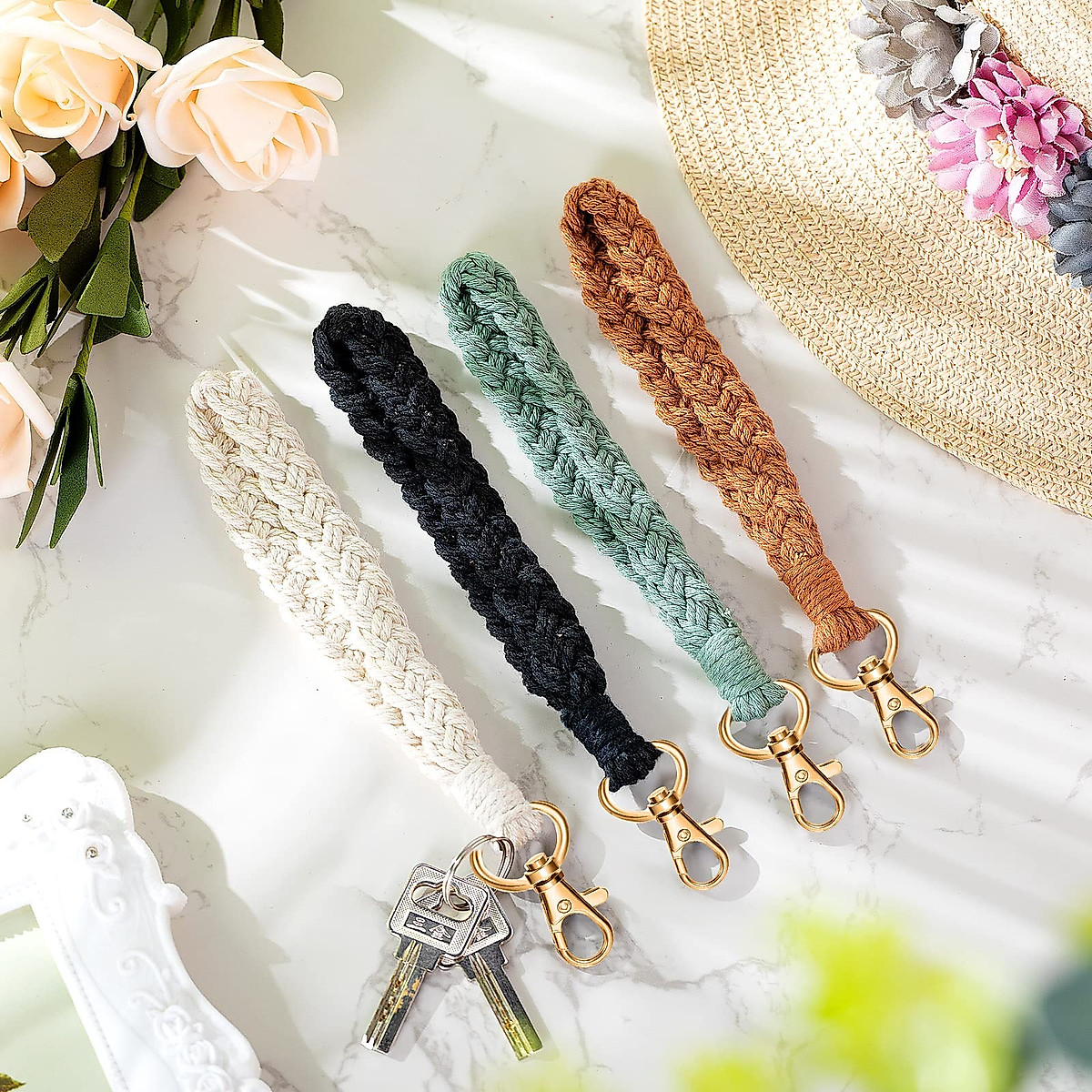 Tuanse Macrame Wristlet Keychain Boho Keychain Women Handmade Braided Keychain Lanyard (Light Green, Brown, White, Black, 4 Pcs)