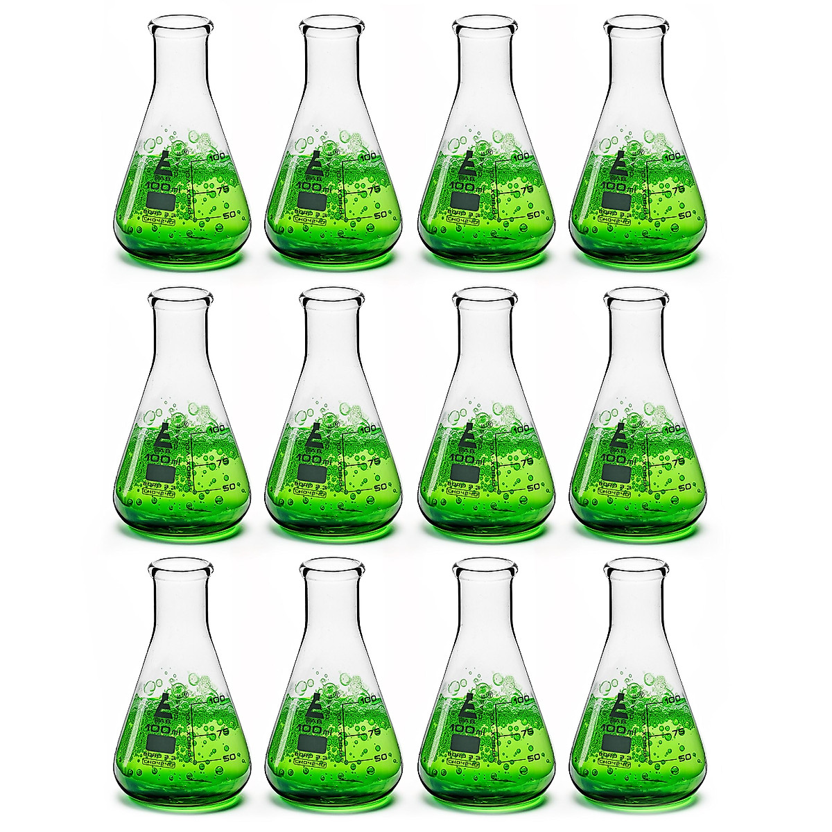 EISCO 12PK Erlenmeyer Flasks, 100mL - Borosilicate Glass - Narrow Neck Flasks, Conical Flasks, Glass Flasks