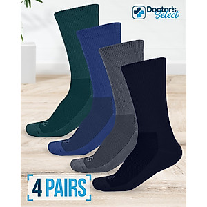 Doctor's Select Diabetic Socks for Men - 4 Pairs Crew Diabetic Neuropathy Socks for Men | Navy, Green, Blue, Gray | Non Binding Mens Diabetic Socks for Moisture Management