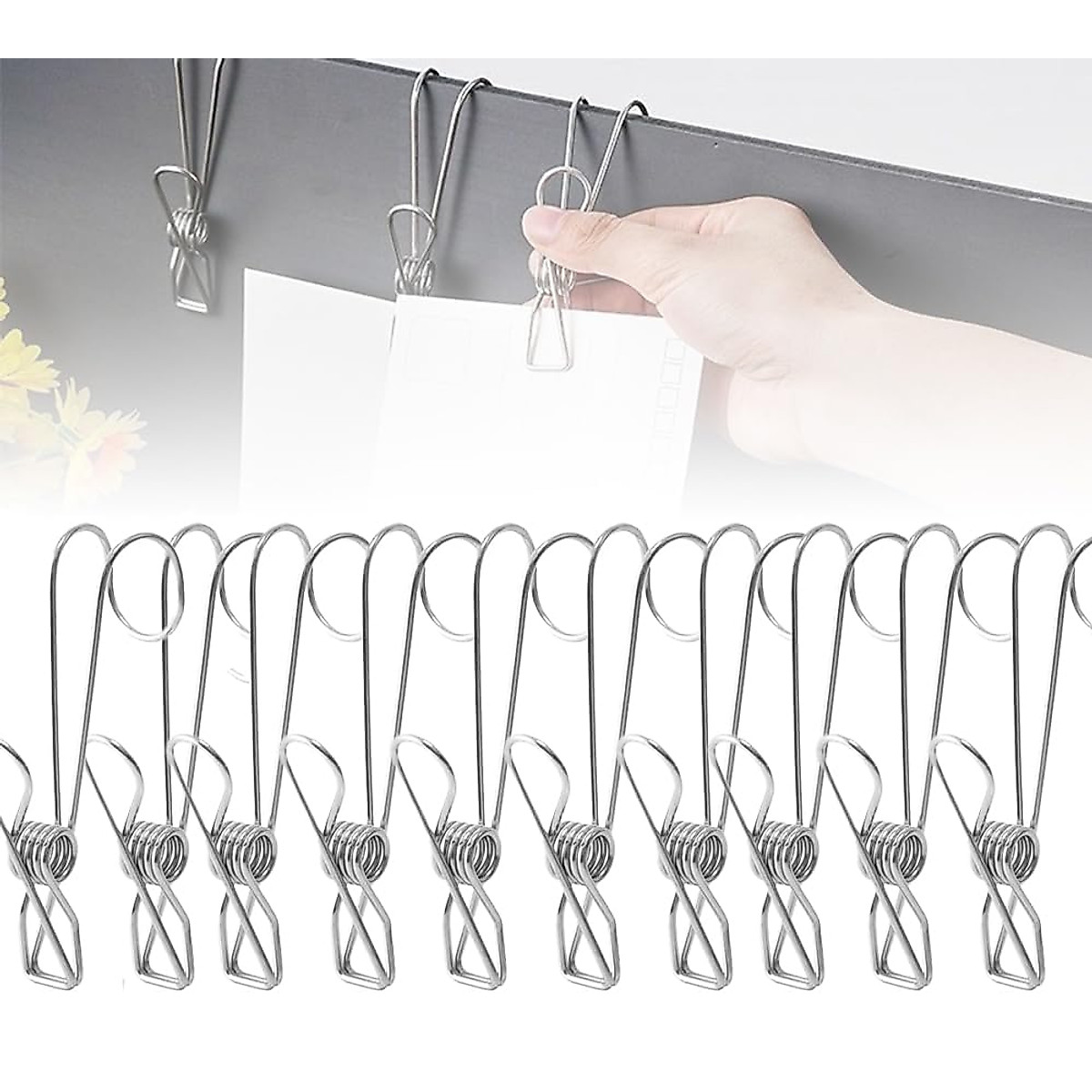 Stainless Steel Clothespins - 2024 New Heavy Duty Long Tail Clips with Hooks, Extra Large Universal Hanging Clips for Clothes, 10 Pack Stainless Steel Metal Clothespins for All Your Drying Needs (10)