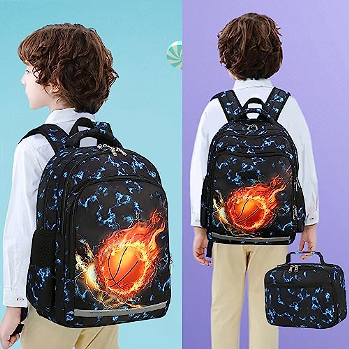 LEDAOU Kids Preschool Backpack Lunch Box Boys Kindergarten BookBag Primary Waterproof School Bag 7 Pockets with Chest Strap (Basketball Black)