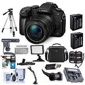 Panasonic Lumix DMC-G85 Mirrorless Camera with 12-60mm F/3.5-5.6 Lumix G OIS Lens Black - Bundle with Camera Bag, 64GB SDXC Card, 2x Spare Battery, Tripod, Shotgun Mic, Video Light, Dual Charger, More