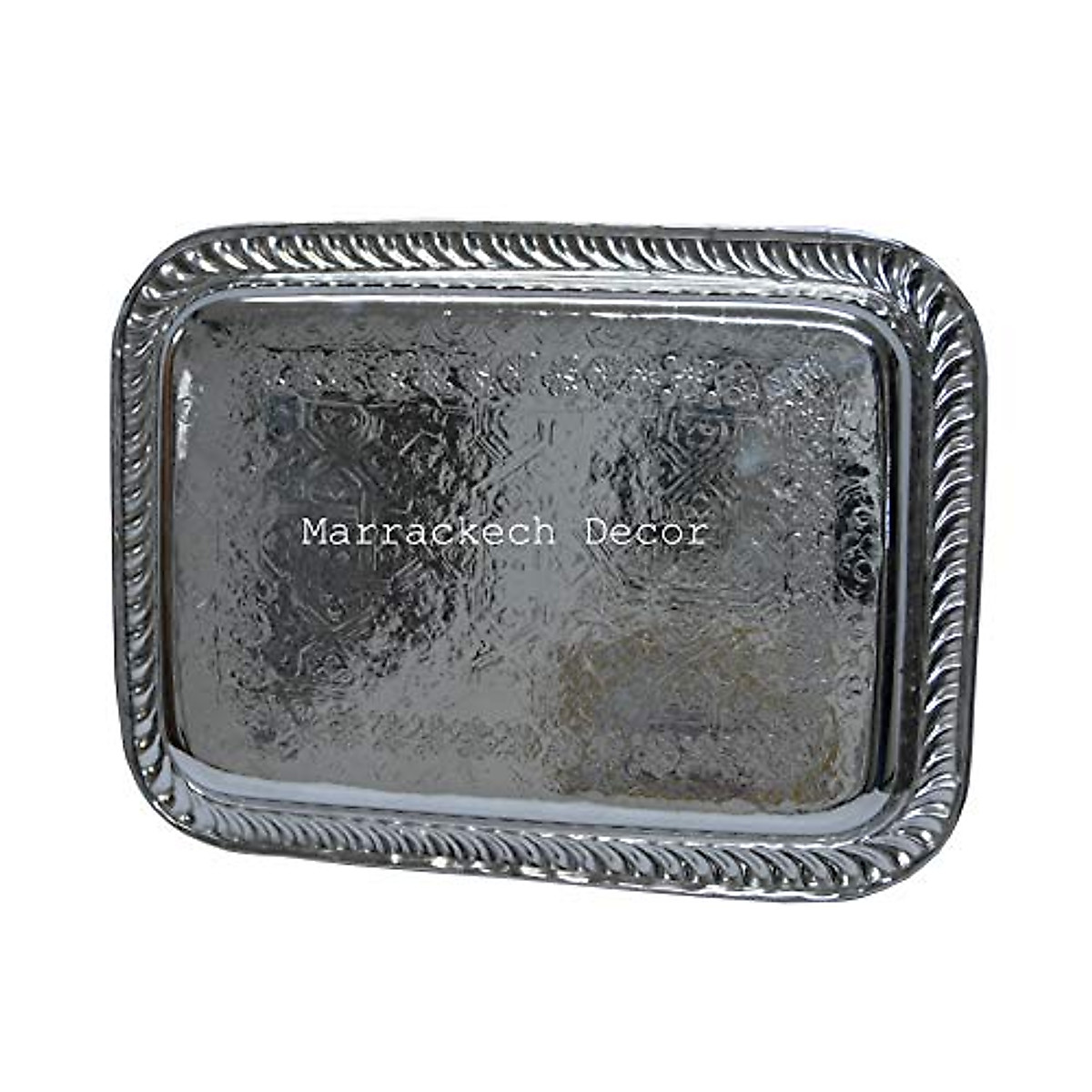13.3 Inch Rectangular Moroccan Handmade Serving Tea Tray Silver Plated Brass Handcrafted Plate in Fez Morocco