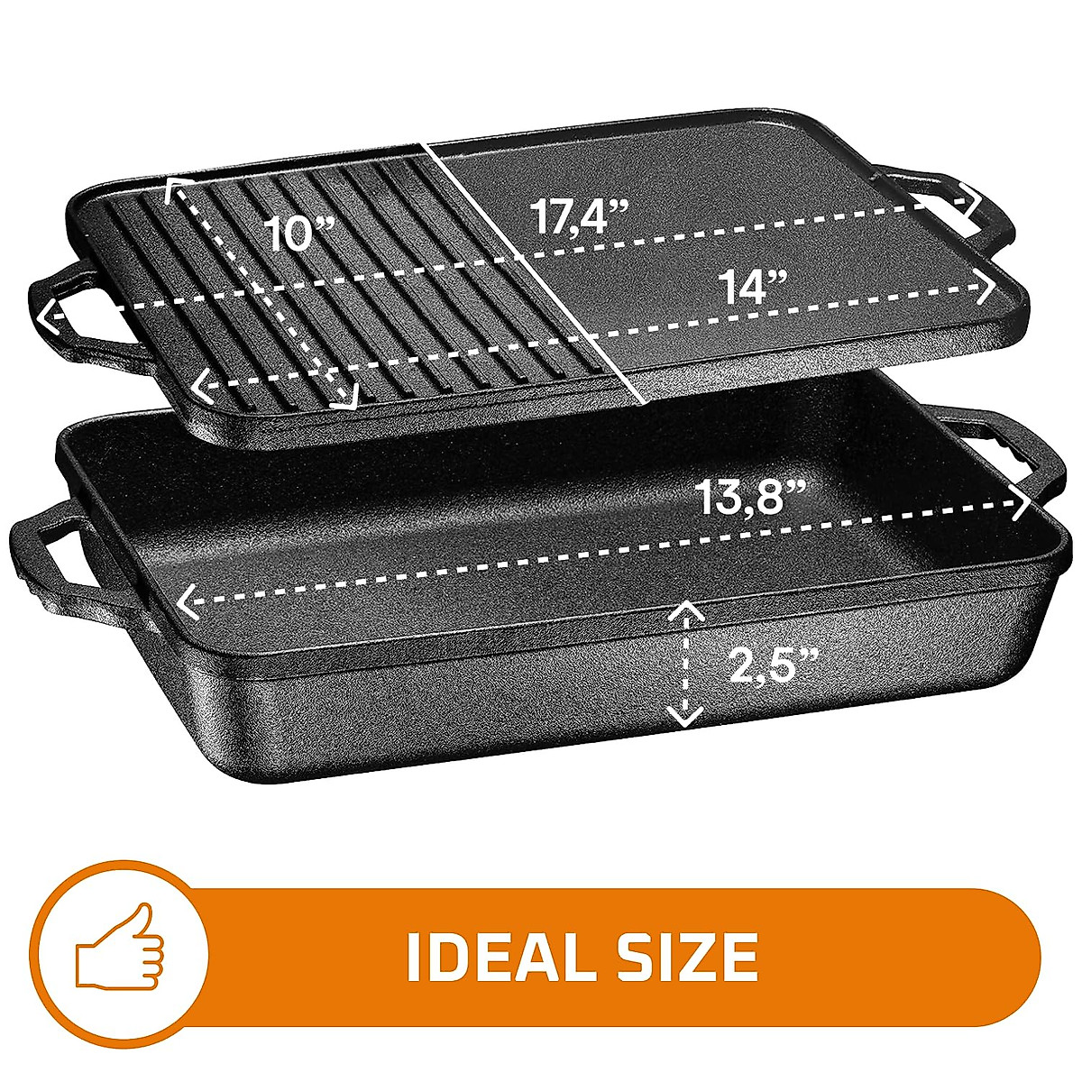 Bruntmor 3-In-1 Pre-Seasoned Cast Iron Pan with Reversible Grill Griddle Lid - 17.8"x11"x3.3" Non-Stick Multi Cooker Deep Roasting Grill Pan - Dutch Oven, Frying or Roasting Pan for Open Fire Camping