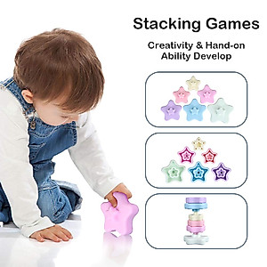 AmazingM Baby Silicone Stacking Toy,6 Pcs Soft Building Ring Stacker,Blockers Tower Teether for 6+ Months Boys and Girls Early Educational Learning. (Star)
