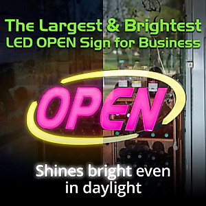 GLI Led Open Sign for Business – Stand Out with 64 Super-Bright Color Combos to Match Your Brand, Programmable App – Neon Flash, or Scroll – 15 x 32 inch