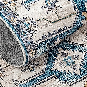 DECOMALL FINEEN 8x10 Area Rugs, Boho Rug for Bedroom, Vintage Distressed Medallion Carpet for Living Room, Beige Blue Multi, 8'x10'