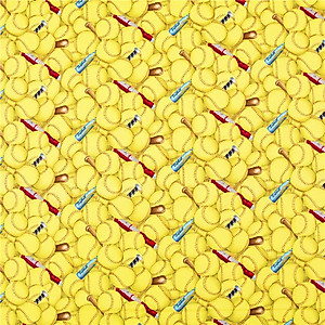 Softball yellow cotton fabric from the USA by Elizabeth's Studio, with balls and bats (per 0.5 yard)