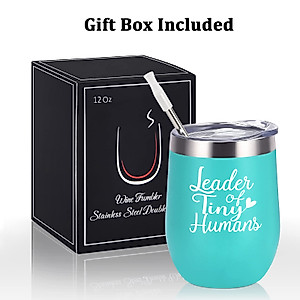 Teacher Appreciation Gifts for Women, Leader of Tiny Humans Stainless Steel Insulated Wine Tumbler with Lid, Christmas Birthday Teacher’s Day Thank You Gifts for Teacher Professor (12 Oz, Mint)