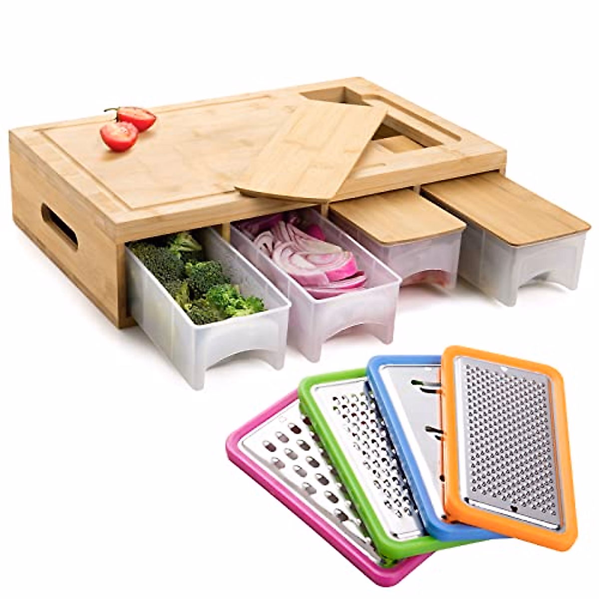 SHINESTAR Bamboo Cutting Board with Containers, Sturdy Meal Prep Station for Kitchen, Includes 4 Graters, 4 Trays with Lids - Easy Food Storage