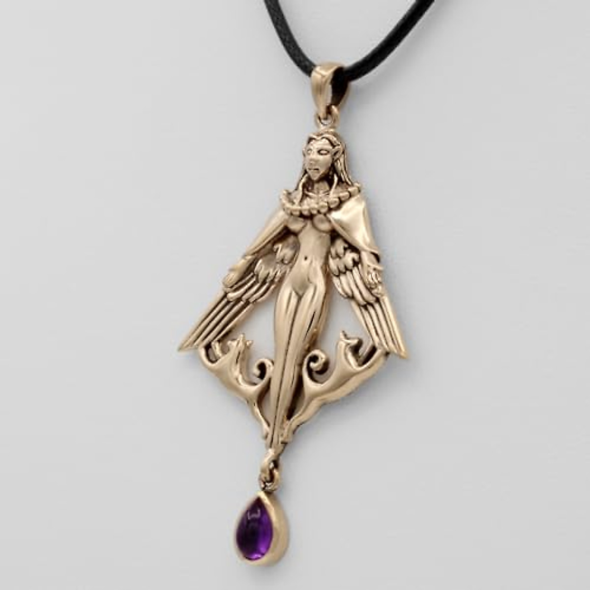 Dryad Design Bronze Freya Pendant with Natural Amethyst - Norse Goddess Freyja Jewelry 2 1/8 inches (5.4 cm)