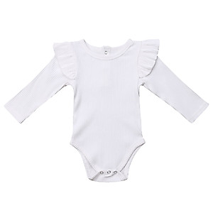 Mubineo Infant Baby Girl Basic Plain Rib Knit Ruffle Long Sleeve Romper Bodysuit Tops (White, 12-18 Months)