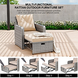 Wicker Outdoor Patio Sofa Chair with Cushion Grey Rattan Convertible Outdoor Furniture with Waterproof Thick Cushion for Backyard Balcony Porch Set of 2