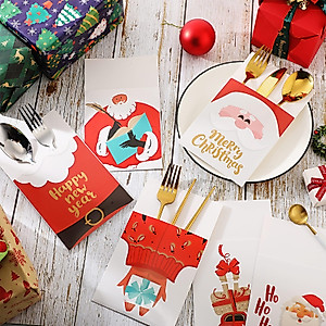 Zhanmai 48 Pcs Christmas Santa Claus Silverware Holders Xmas Utensil Holder Pockets Christmas Cutlery Holder Claus Tableware Holder Bags Knifes Forks Bag for Holiday Christmas Table Setting Decoration