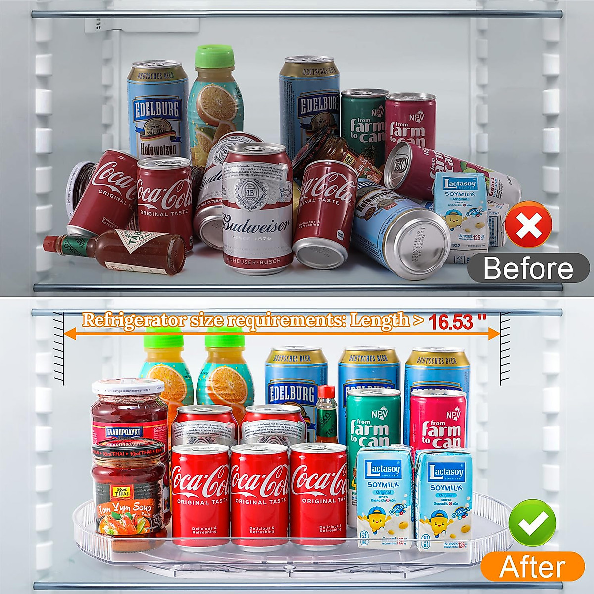 Sousnous Square Lazy Susan Organizer for Refrigerator, Slide and 360° Rotate Rectangle Turntable Organization and Storage for Fridge, 16.53'' Clear Pull Out Rectangular Rotating Tray for Kitchen