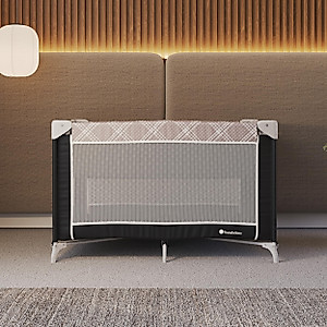 Foundations Sleep 'N Store Baby Pack and Play Yard - Portable Yard with Removable Infant Bassinet - Easy to Store Foldable Travel Play Pen - Includes Storage Bag & Foam Mattress - Mod Plaid Gray