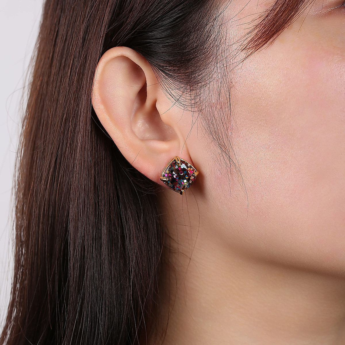Multicolor Glitter Confetti Stud Earrings - Square Multi Colorful Sparkle Pretty Sequin Resin Earrings for Women Jewelry