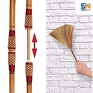 Outdoor Broom for Floor Cleaning – Handmade Natural Grass Broom – Authentic Asian Broom with Bamboo Stick – 2-Piece Adjustable Length Handle – Ideal for Indoor, Outdoor, Décor