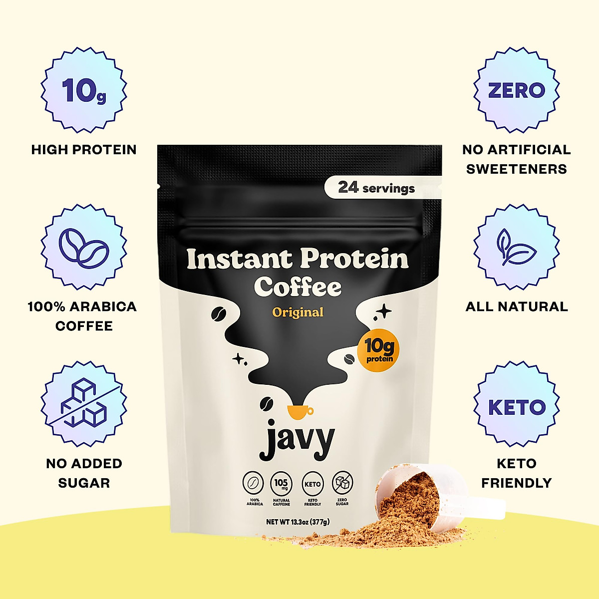 Javy Instant Coffee Protein Coffee - Premium Whey Protein & Instant Coffee - 100% Arabica Coffee - Zero Artificial Flavors & Sweeteners, 24 Servings