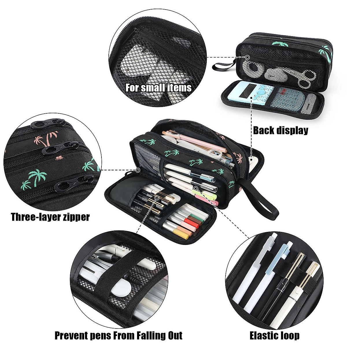 Fustylead Palm Trees Pencil Pen Case Stationery Bag, 3 Compartments School College Office Desk Organizer Storage Pouch Makeup Bag for Teen Boys Girls Students