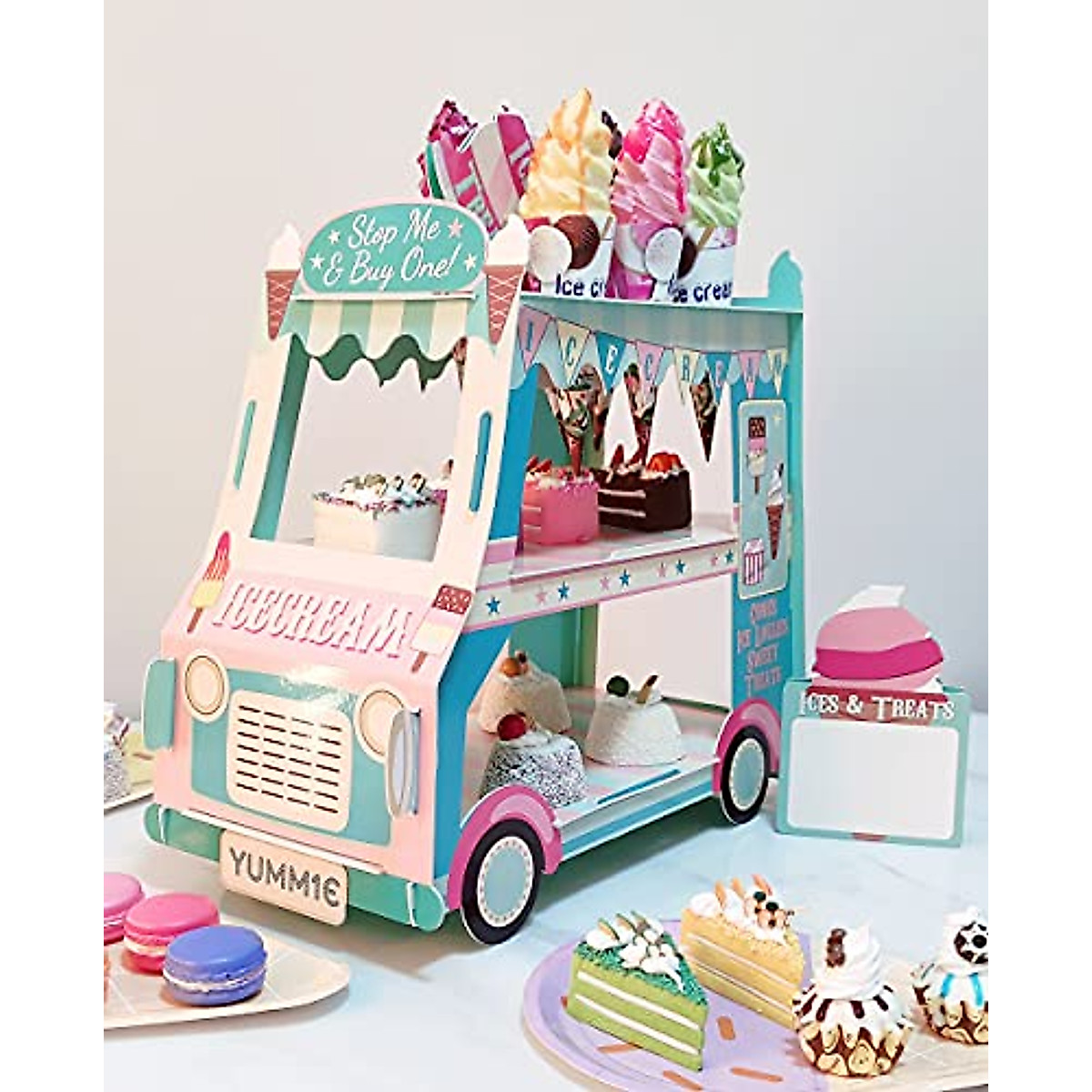 3 Tier Van Cake Stand,Ice Cream Truck Cart Decorations,Ice Cream Baby Shower,Bus Cupcake Stands,Ice Cream Holder Display for Birthday Party Candy Supplies HaakLux