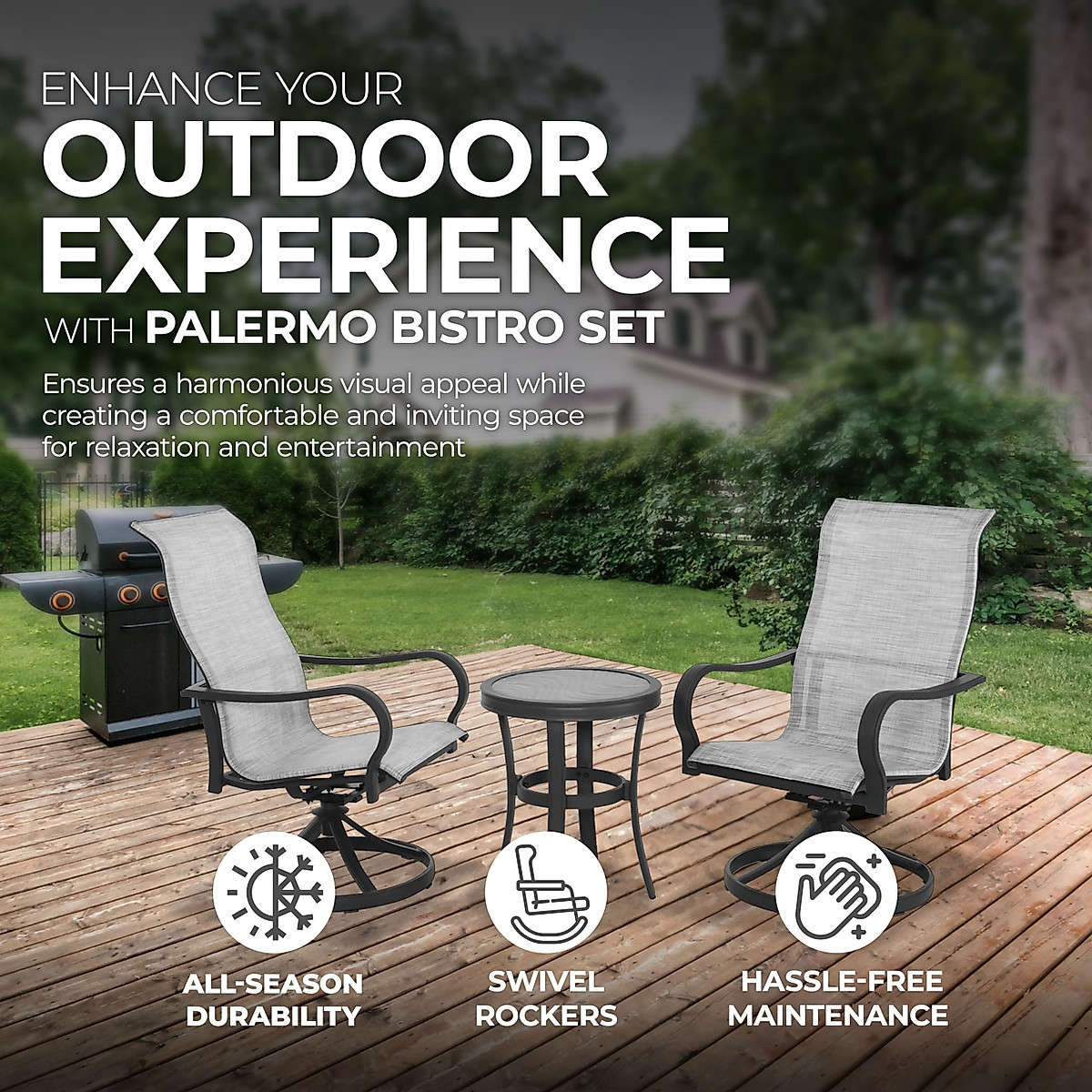 Four Seasons Courtyard Palermo 3 Piece Aluminum Bistro Furniture Set with Swivel Rockers and Drop in Tile Table for Outdoor Backyard Lawns and Patios