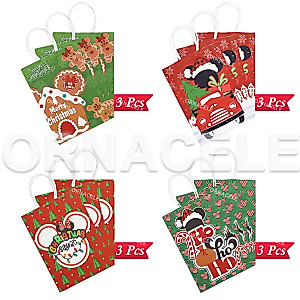 ORNACELE Christmas Gift Bags 12 Count Assorted Styles Bags Xmas Small Kraft Paper Bags with Handles Christmas Goodie Bags with Christmas Prints for Xmas Gift Wrapping Christmas Party Supplies