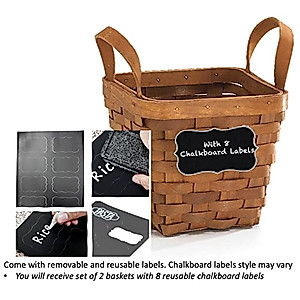 Small Wooden Decorative Woodchip Basket With Handles Empty Baskets 4 Inch 2 Pack For Gifts With Chalkboard Labels. Wicker Baskets Display Snack Pantry Organization Wedding Flower Plant (Dark Stain)