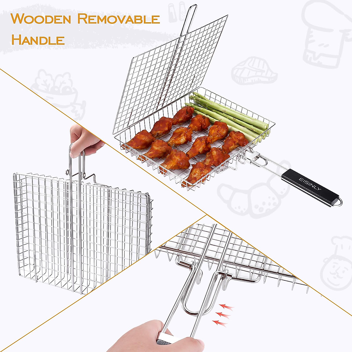 Portable Grill Basket, EISINLY BBQ Grilling Basket for Outdoor Grill with Removable Handle, Stainless Steel Camping Cooking Grill Accessories for Chicken Fish Vegetable, Dad Gifts