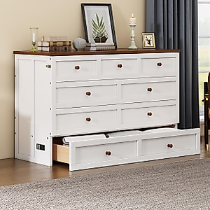 SOFTSEA Queen Size Murphy Bed Chest with Charging Station and Large Drawer for Small Room