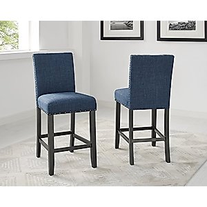 Biony Blue Fabric Counter Height Stools with Nailhead Trim, Set of 2