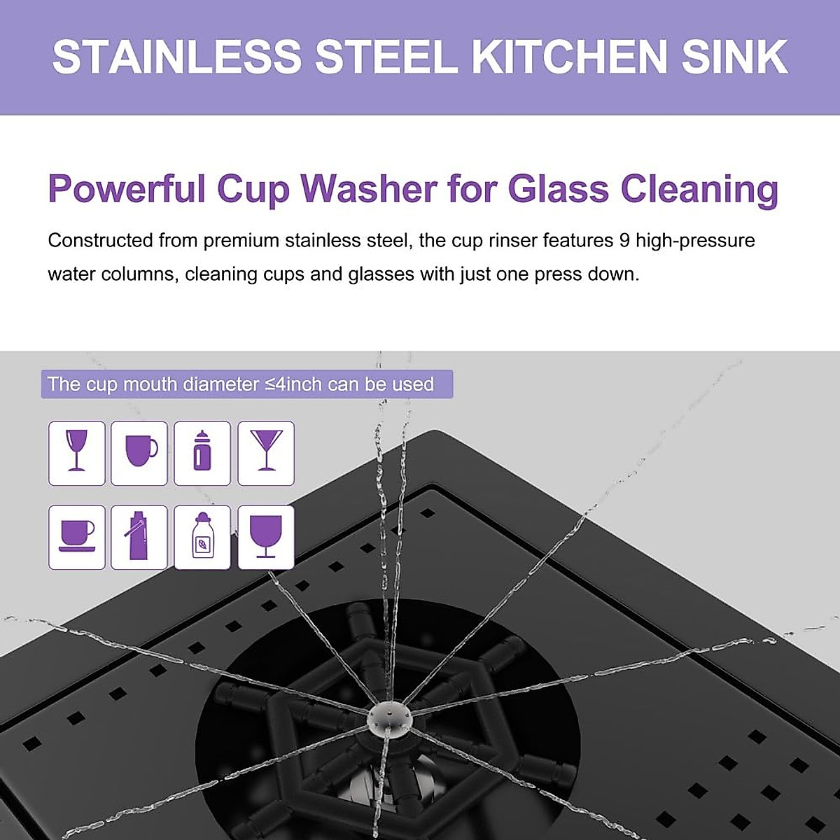 BULUBEE Black Stainless Steel Bar Sink with Glass Rinser, Single Bowl Kitchen Sink, Drop-in or Undermount (23"L x 15"W x 9"D)