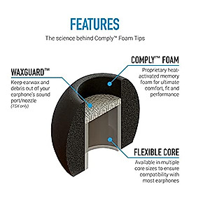 Comply Comfort Plus Tsx-400 Memory Foam Earphone Tips, Noise Reducing Replacement Earbud Tips, Secure Fit (Medium, 3 Pair), Black (29-40111-11)